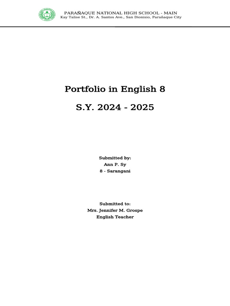 English 8 Portfolio S.Y. 2024-2025 | PDF
