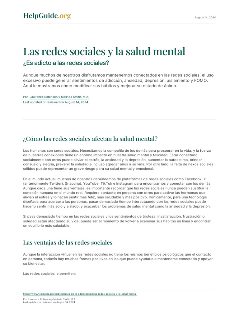 Redes Sociales y Salud Mental: Impacto y Consejos | PDF | Soledad ...