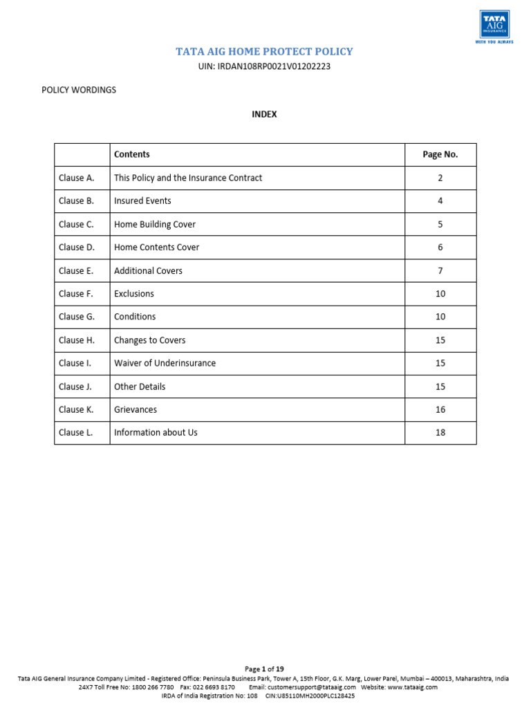 Tata AIG Home Protect Policy Details | PDF | Insurance | Liability ...