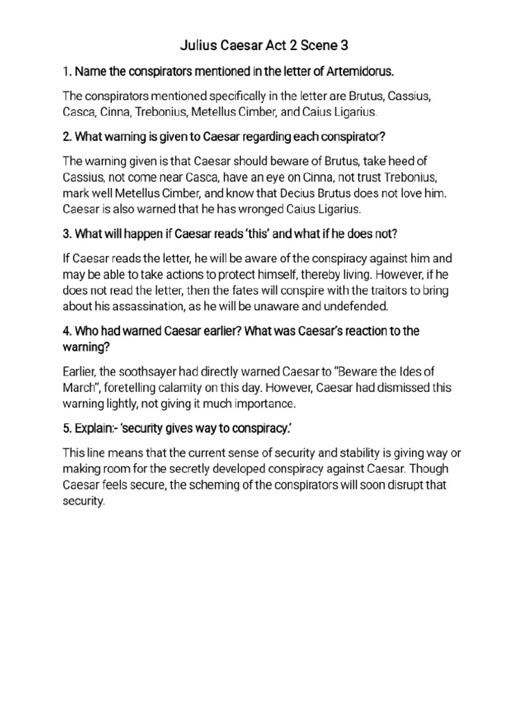 Julius Caesar Act 2 Scene 3 and Scene 4 Notes | PDF