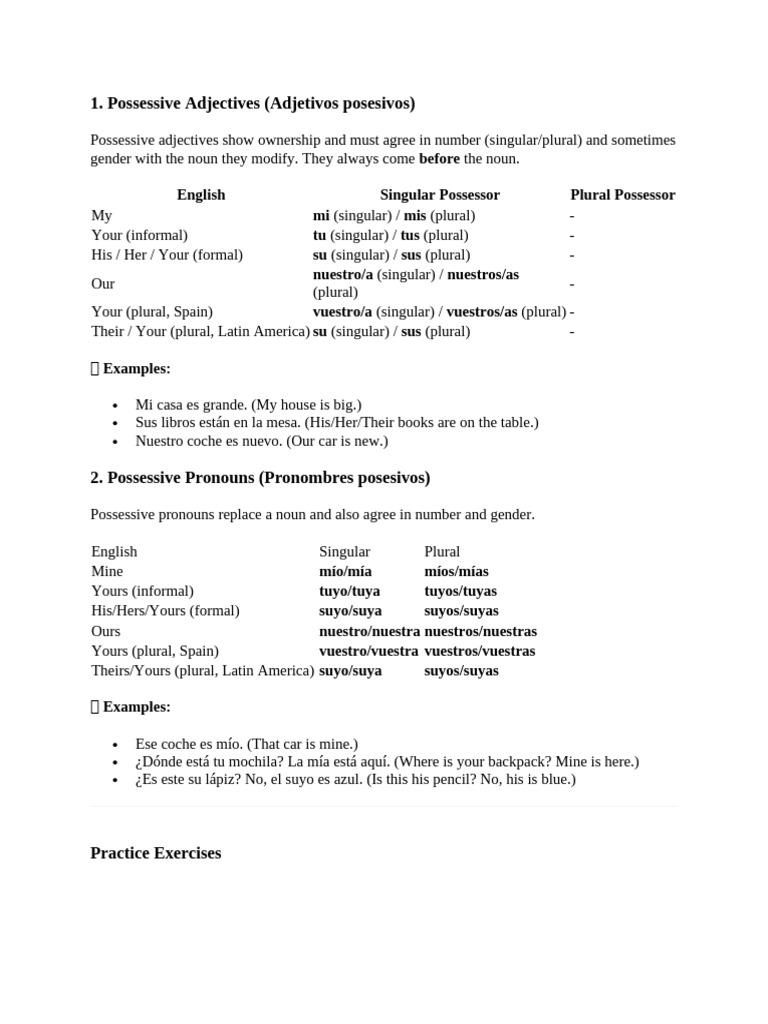 Practica de posesivos en español (como 2nda lengua, explicacione en ...