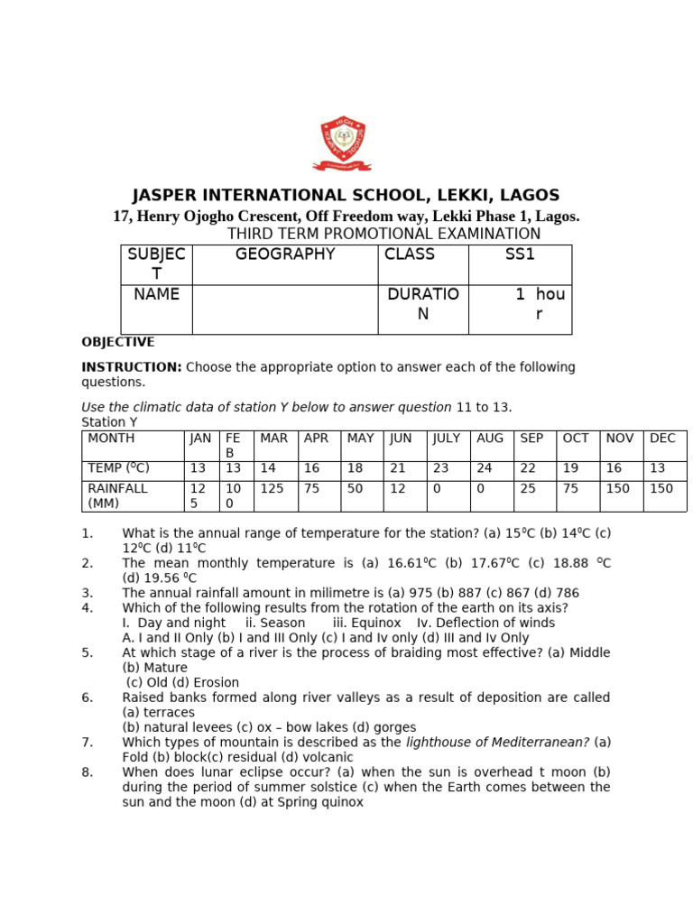 SS1 Geography Third Term Exam Questions | PDF | Plateau | Agriculture