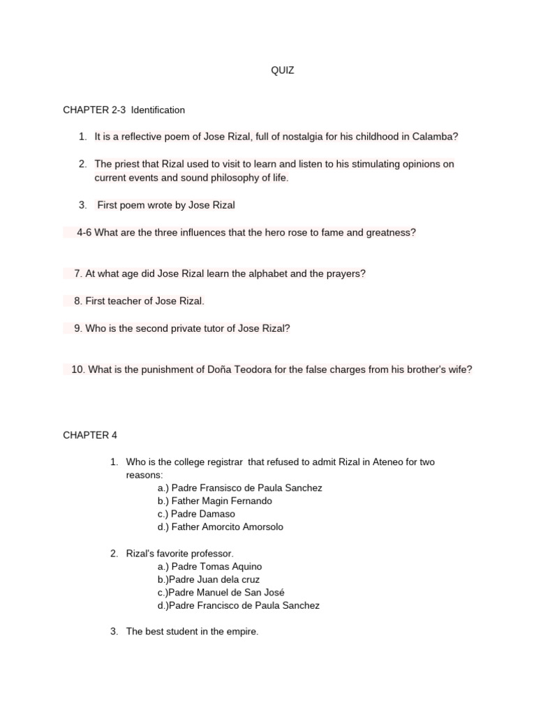 Quiz For Chapter 2-4 Works Ang Life of Rizal Document | PDF