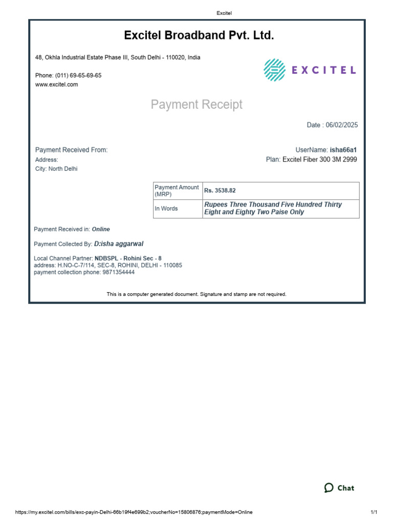 Excitel Payment Receipt for User isha66a1 | PDF