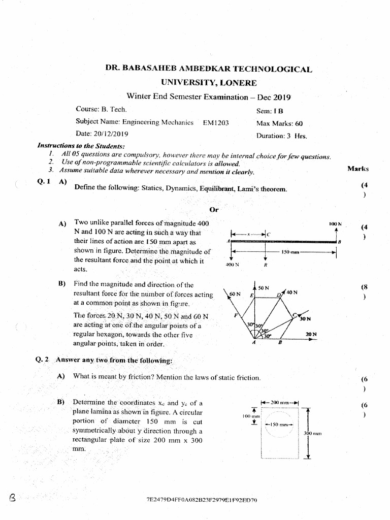Btech 1 Year Engineering Mechanics Em1203 Dec 2019 | PDF
