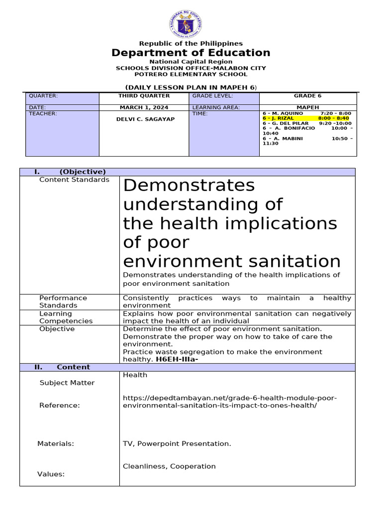 Daily Lesson Plan: MAPEH 6 - Environmental Health | PDF ...