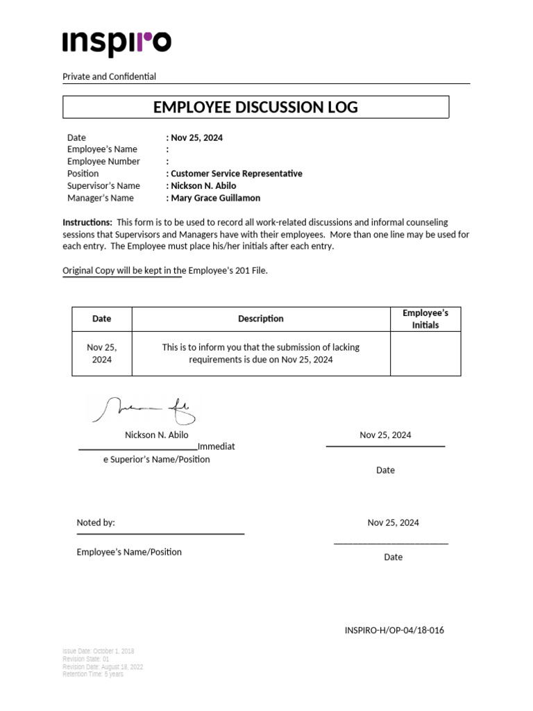 Batch 4 T038 - Employee Discussion Log - Lacking Requirements | PDF