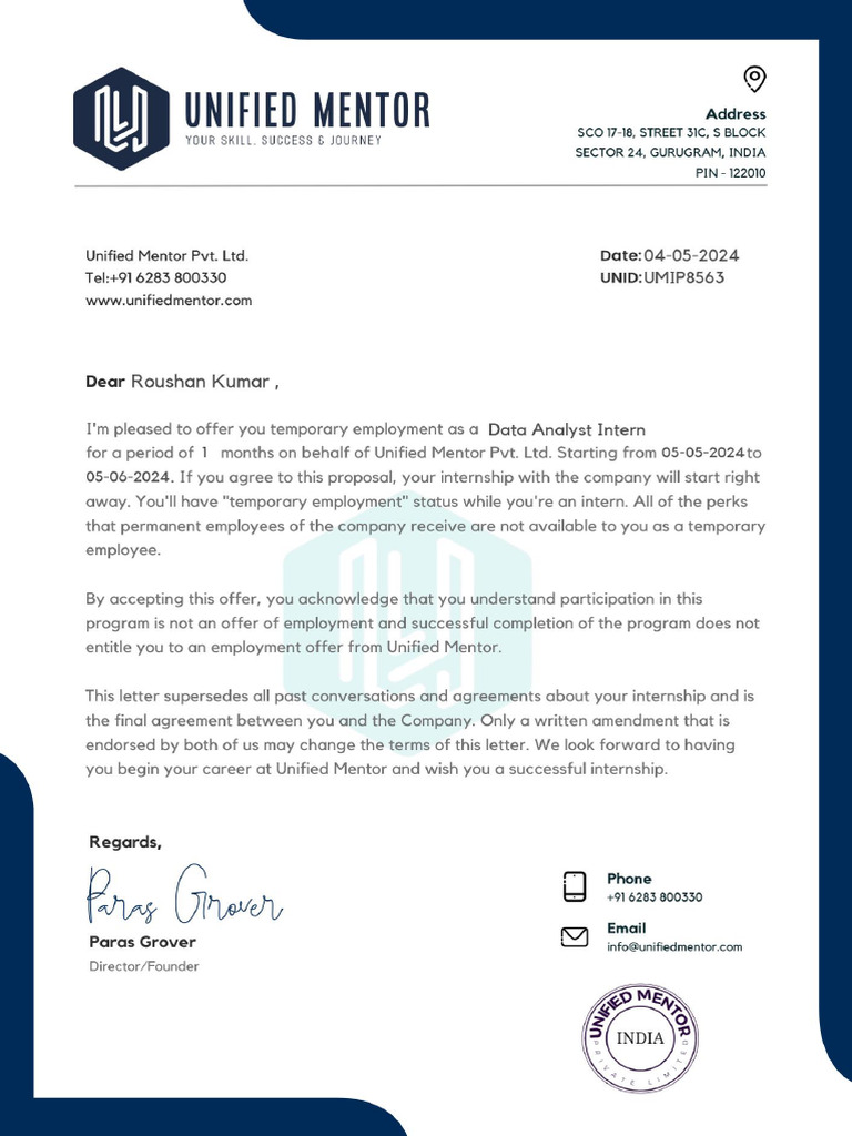 Internship Offer Letter From @UNIFIED MENTOR | PDF