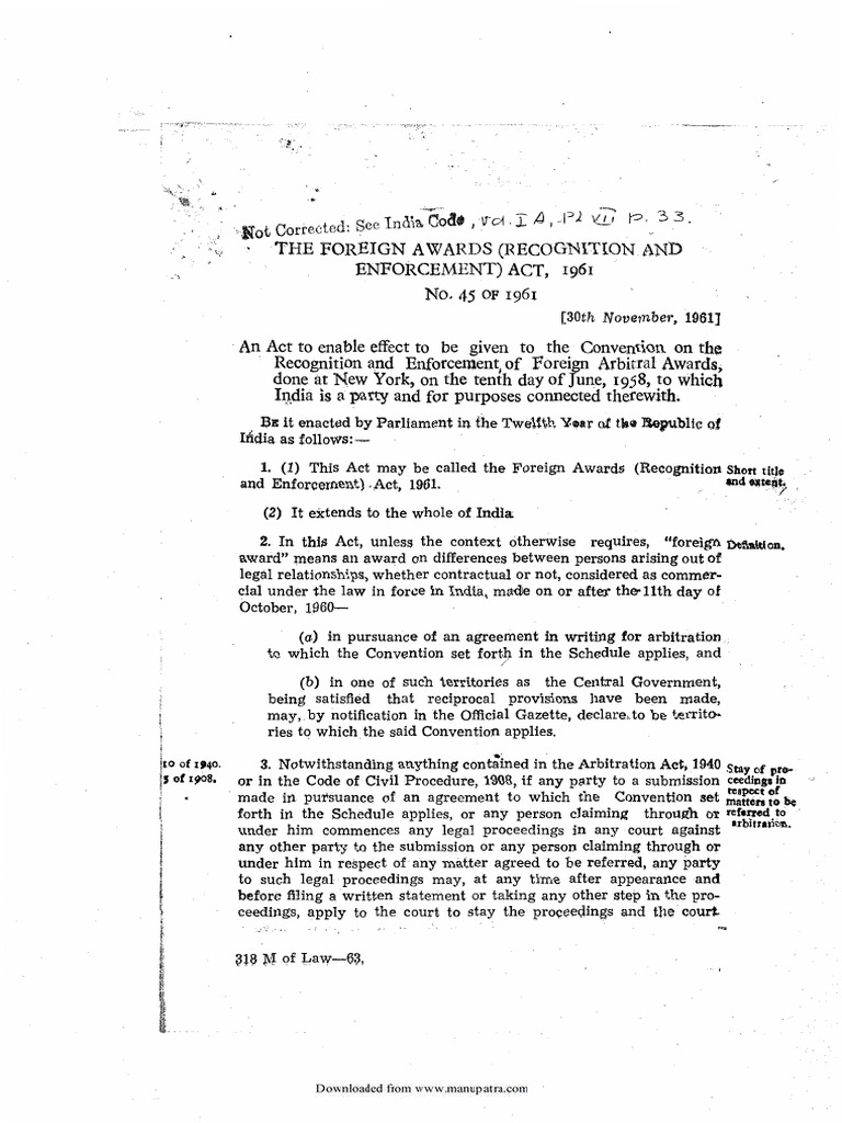 The Foreign Awards (Recognition and Enforcement) Act, 1961 | PDF