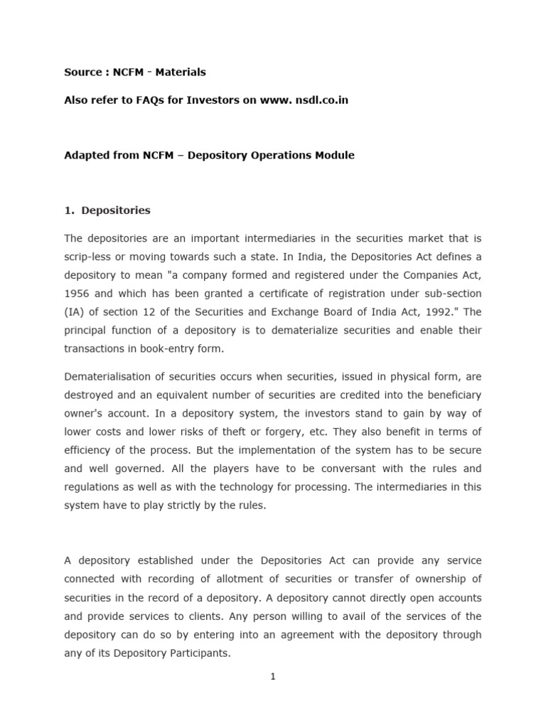 IFS - Note On Depository Operations | PDF | Securities (Finance ...