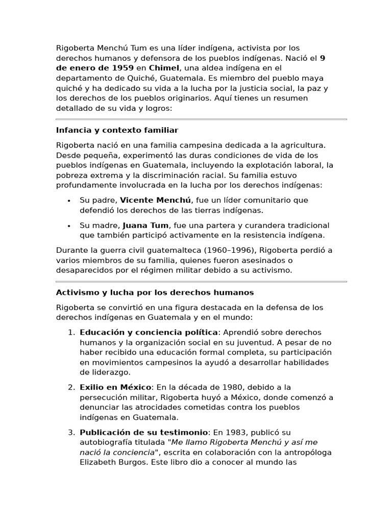 Rigoberta Menchú Tum Es Una Líder Indígena | PDF