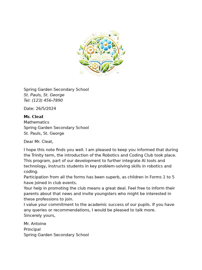 Teachers Letter Ty'lique Antoine (AutoRecovered) | PDF