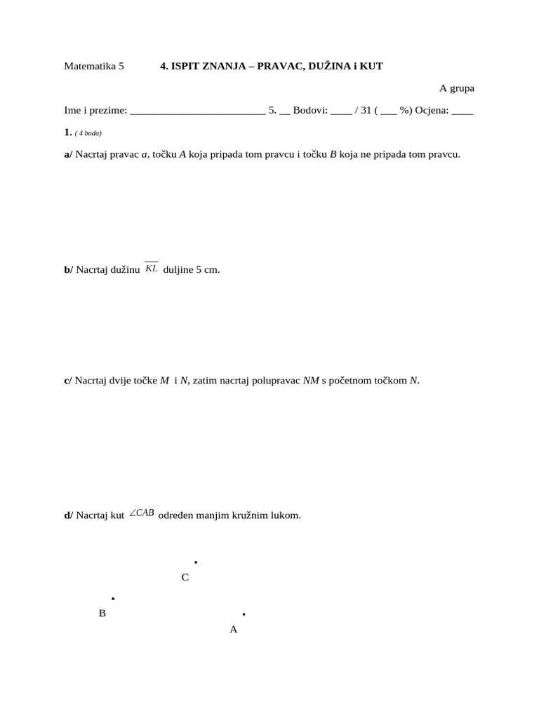 Matematika 5 4ispit Znanja Pravac Duzina I Kut Agrupa | PDF