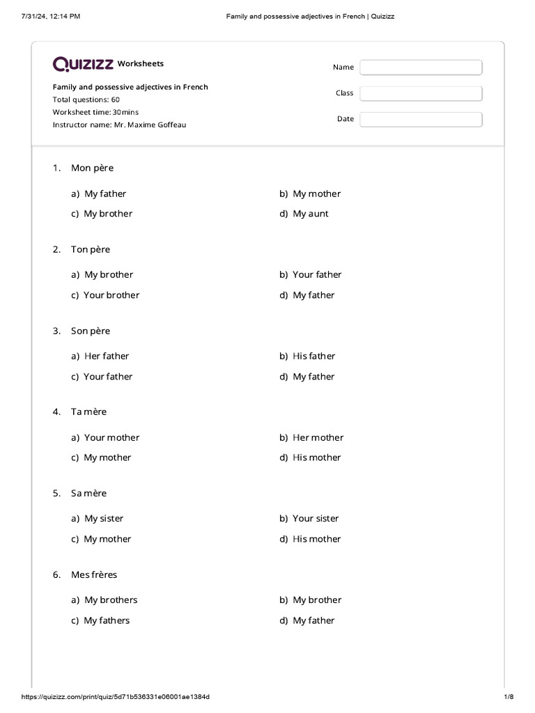 French Possessive Adjectives Worksheet | PDF | Kinship And Descent | Family