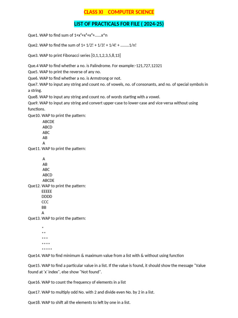 11 CS Practical List 2024-25 MEENA | PDF | String (Computer Science) | Computing