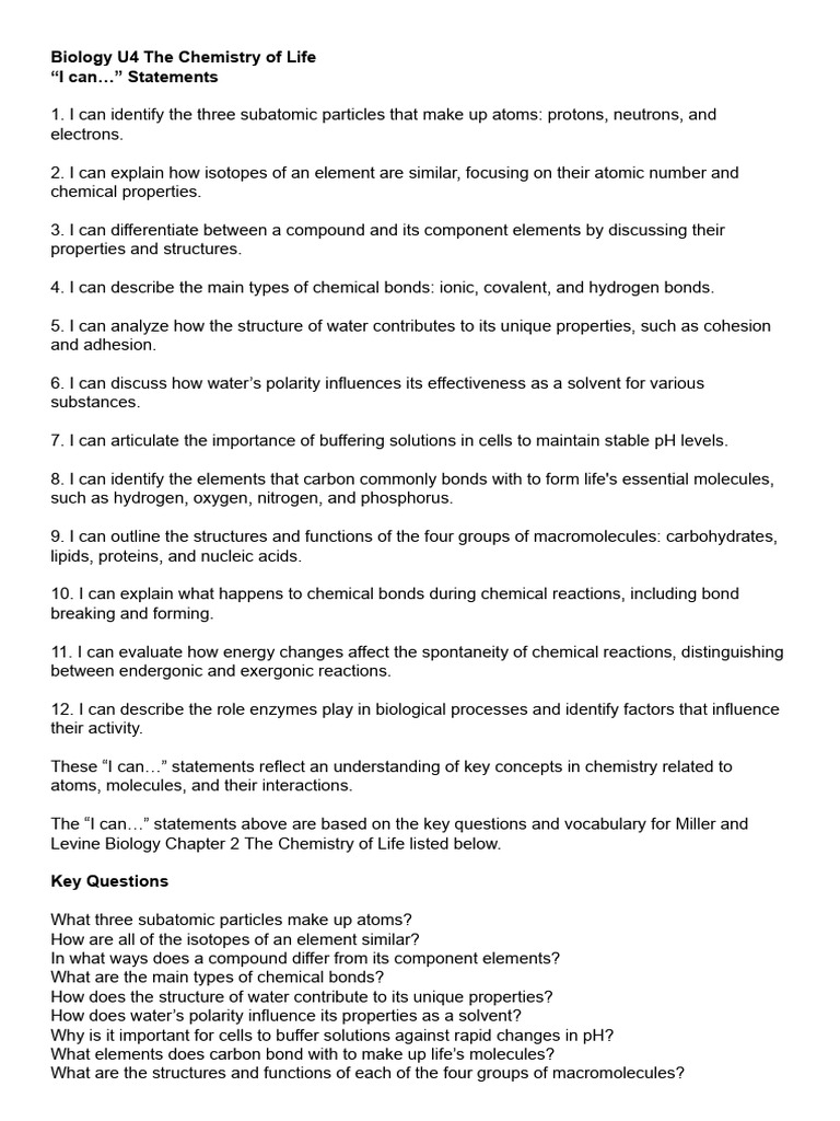 Bio U4 I Can Statements | PDF | Chemical Bond | Acid
