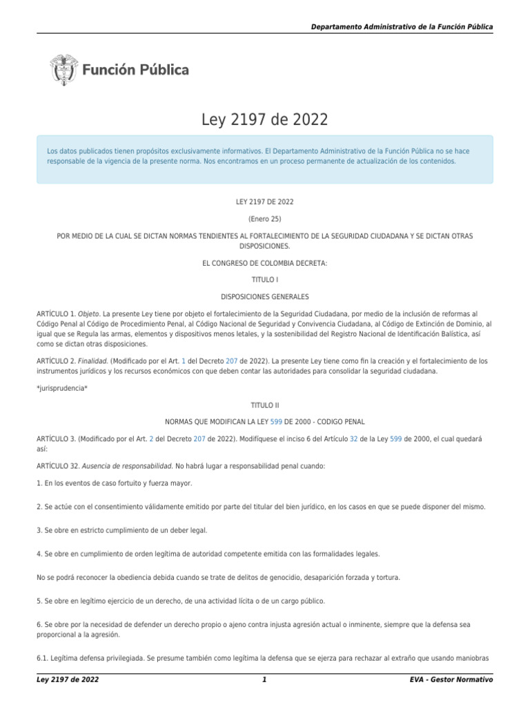 Ley_2197_de_2022 corta | PDF | Castigos | Derecho penal