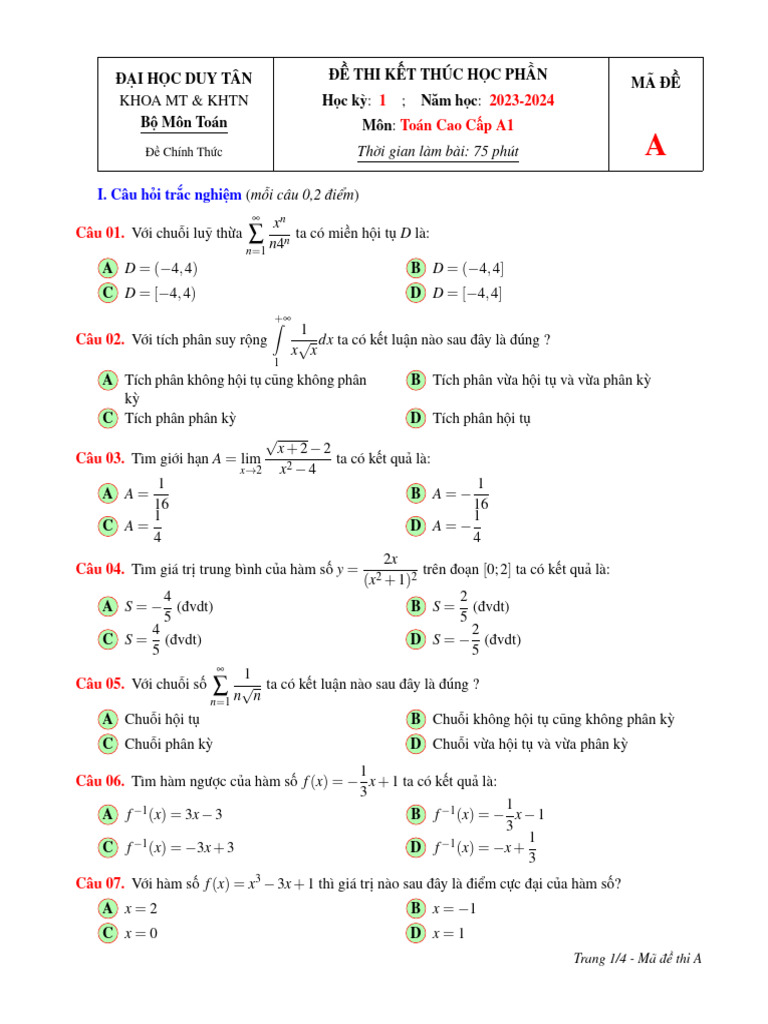 MTH_103_DeThi 2 | PDF