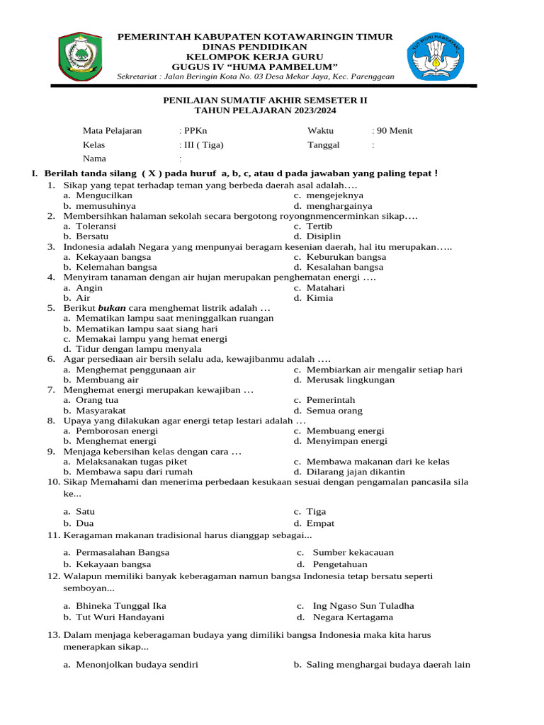 Soal PPKN Kelas 3 Sems 2 | PDF