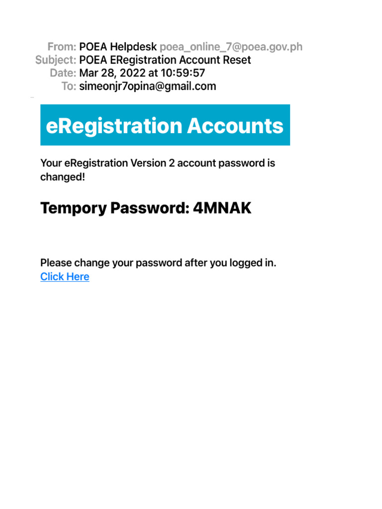 POEA ERegistration Account Reset | PDF