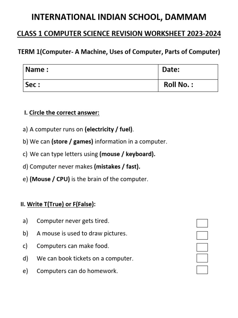 Class 1 Computer Science Worksheet 2023 | PDF