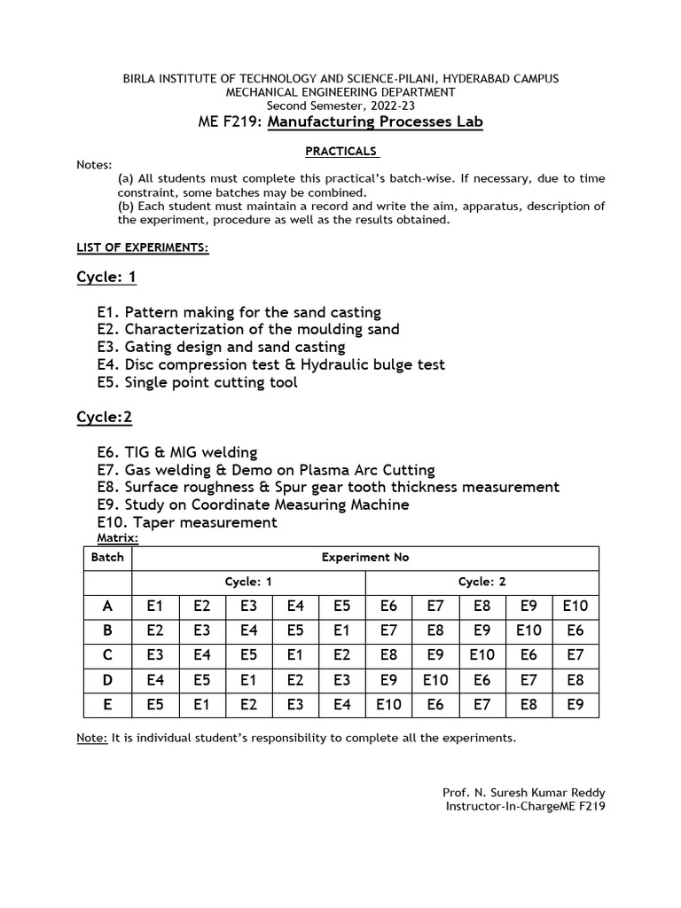 Manufacturing Process (ME F219) Lab Manual | PDF | Surface Roughness ...