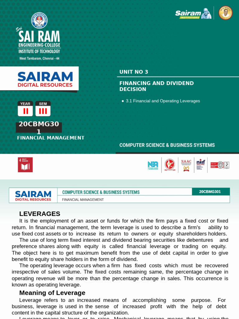 CSBS FM 3.1 Financial and Operating Leverages. | PDF | Leverage (Finance) | Equity (Finance)
