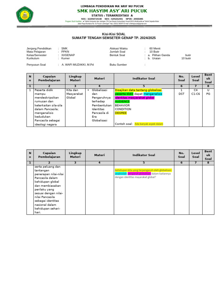 Template Kisi Kisi STS Kumer | PDF
