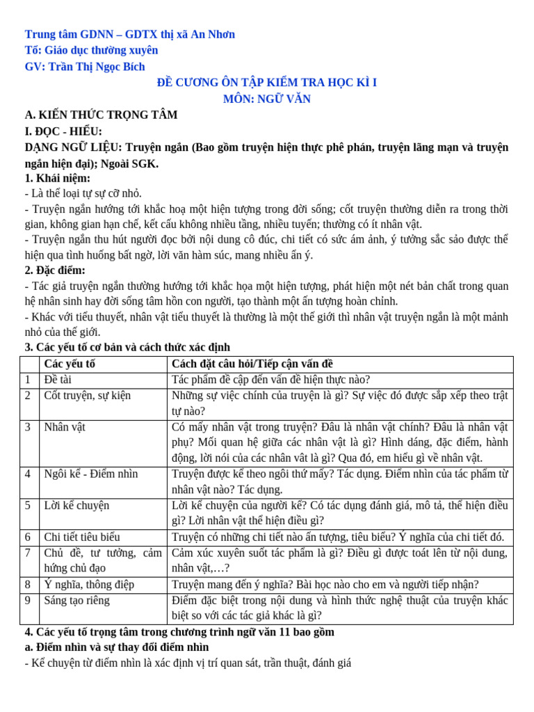 De Cuong On Tap HK1 Van 11 2024 | PDF