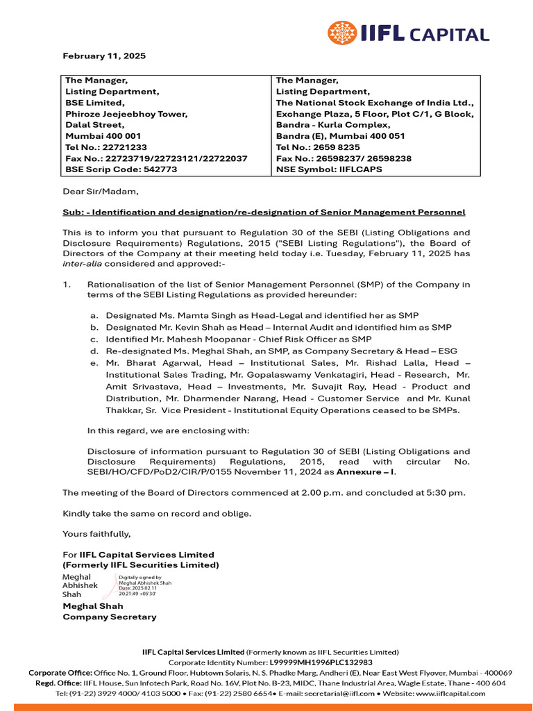 IIFL Senior Management Changes Update | PDF | Business | Financial Markets