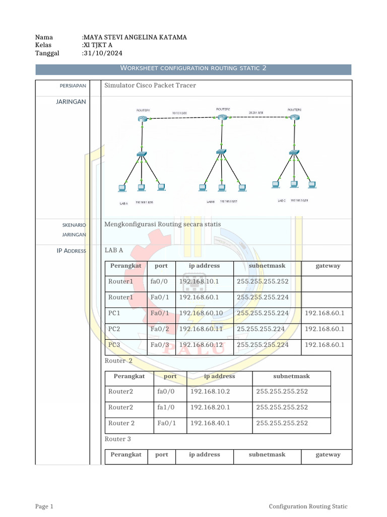 Worksheet Routing Static 1 Maya[1] | PDF | Router (Computing) | Communications Protocols