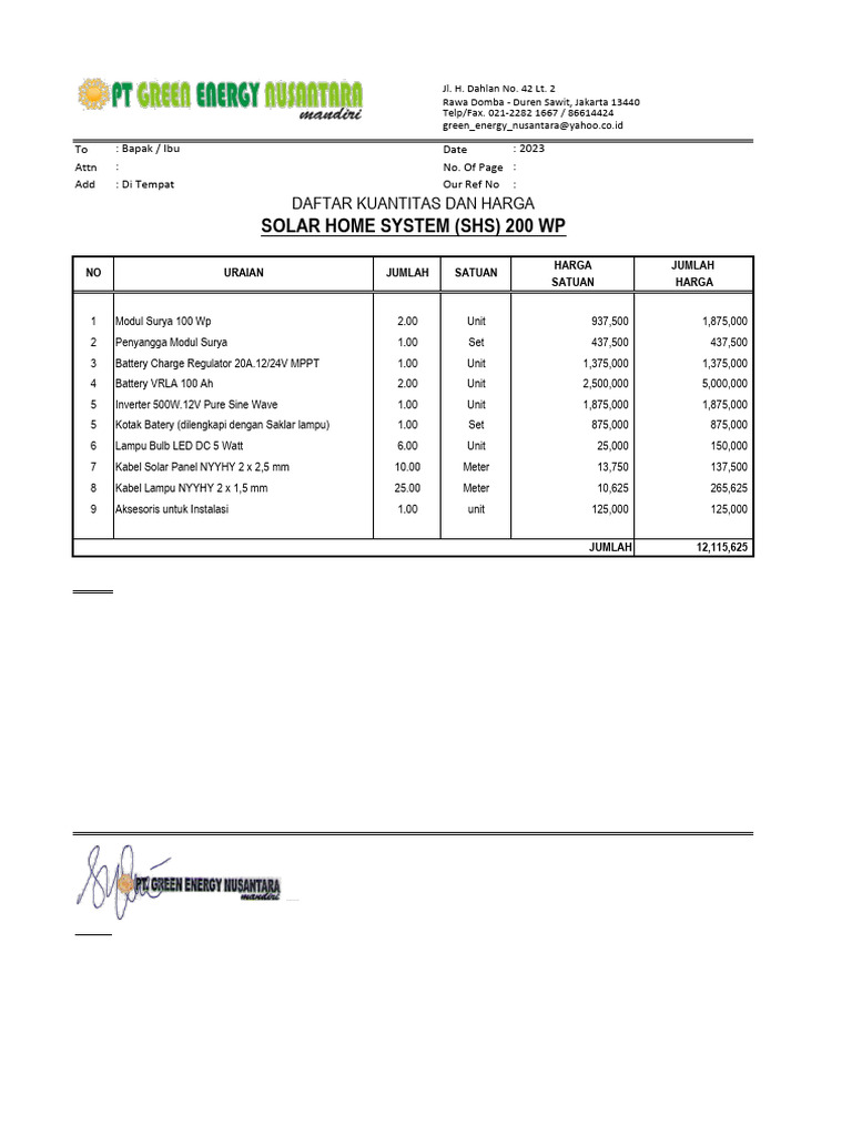 Penawaran Harga Solar Home System | PDF