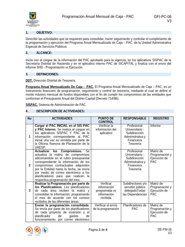 GFI-PC-06 V3 Programacion Anual Mensual de Caja - PAC | PDF | Presupuesto