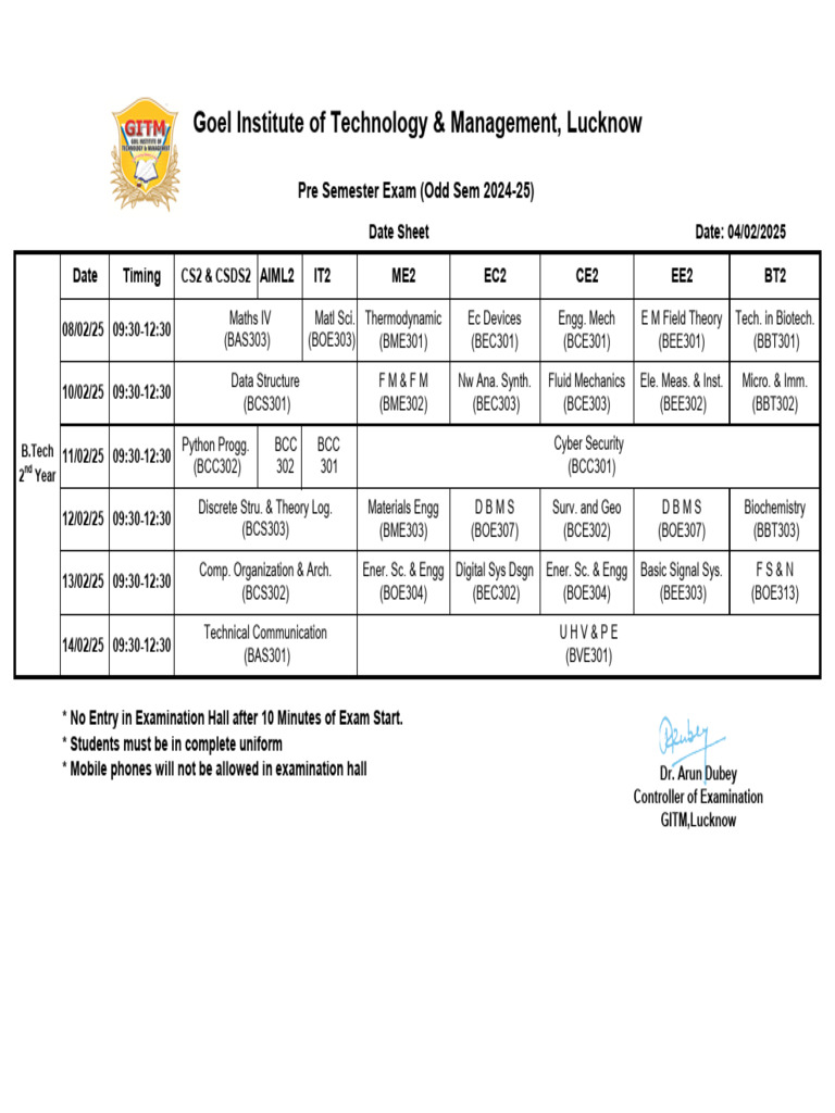 Date Sheet - PUT - BTech Second Year - Odd Sem - 2024-25 | PDF