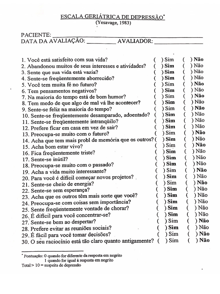 GDS - Escala Geriátrica de Depressão | PDF