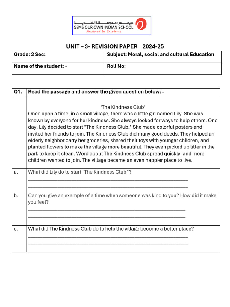 Grade 2 - Unit 3 - MSCS Revision Paper 240921 120404 | PDF