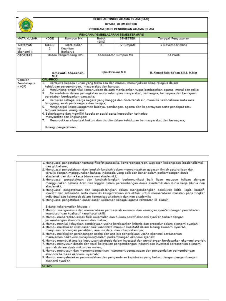 RPS Matematika Ek Ii | PDF