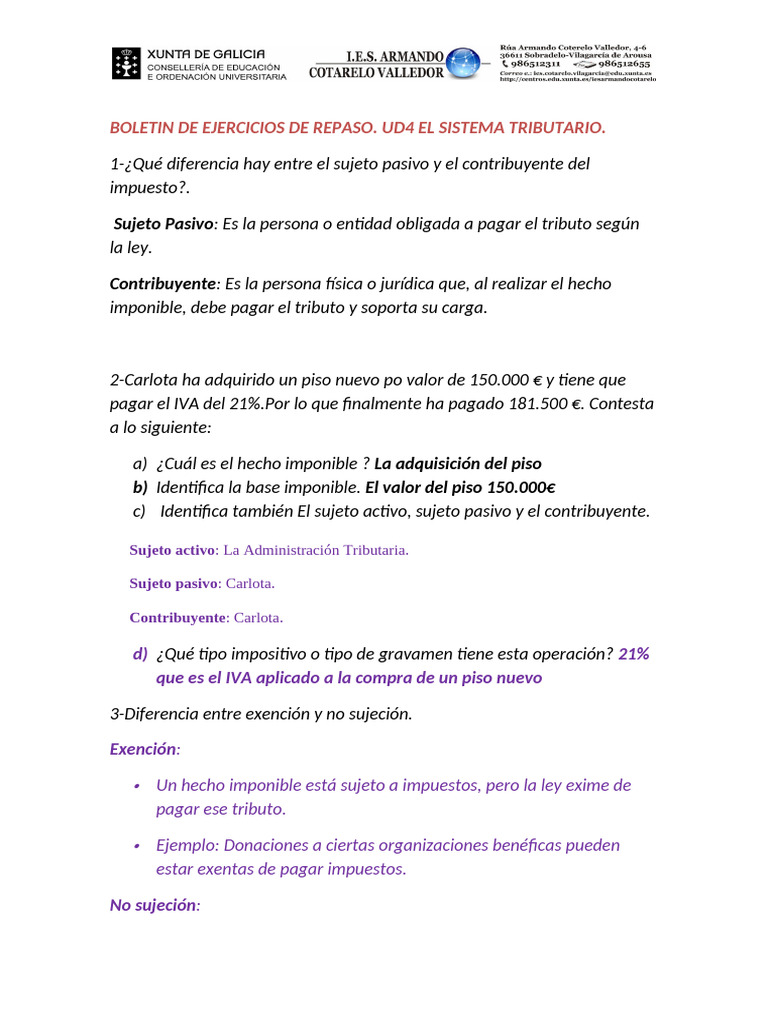 EJERCICIOS DE REPASO UD4 SISTEMA TRIBUTARIO | PDF | Impuestos | Finanzas del gobierno