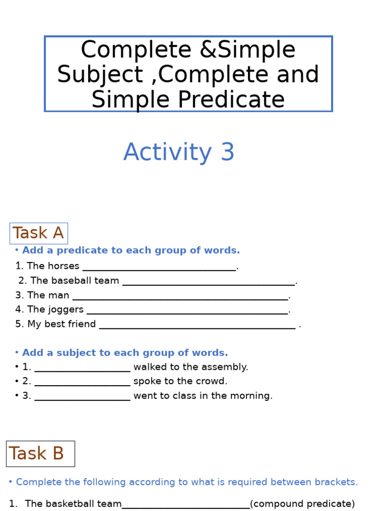 Complete and Simple Subject & Complete and Simple Predicate-Activity | PDF