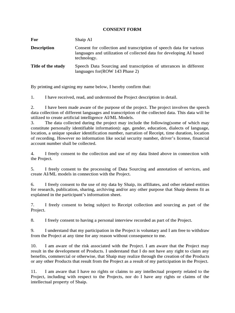 Speech Data Consent Form for AI Project | PDF | Artificial Intelligence ...