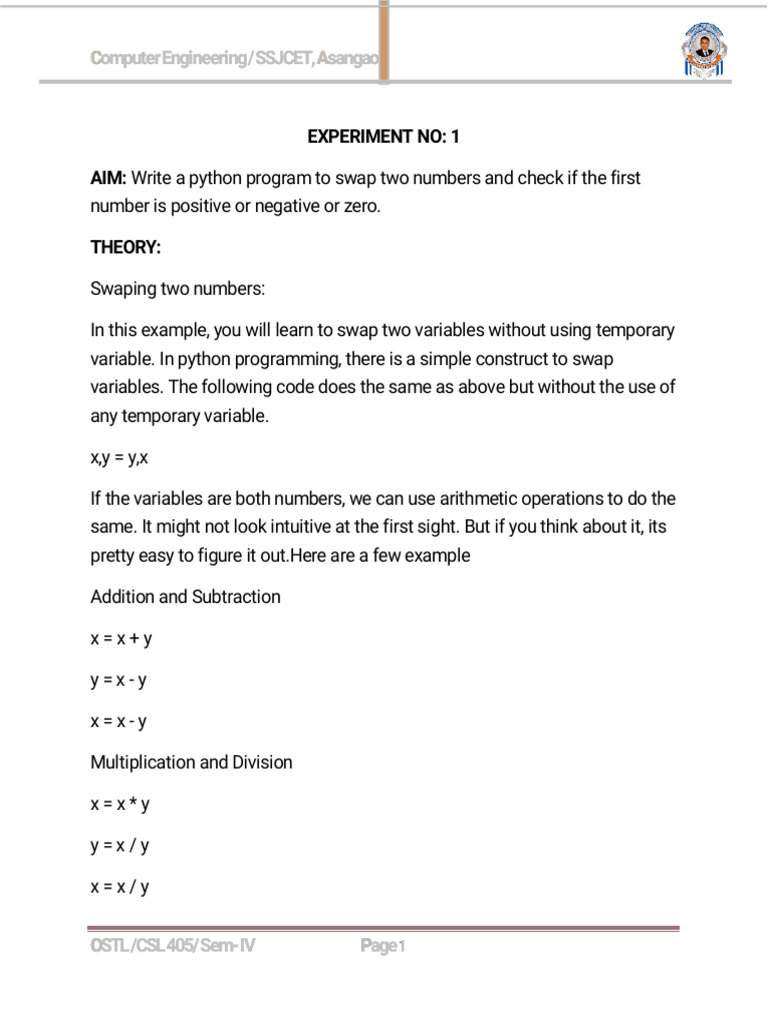 Experiment No: 1 AIM: Write A Python Program To Swap Two Numbers and Check If The First | PDF ...
