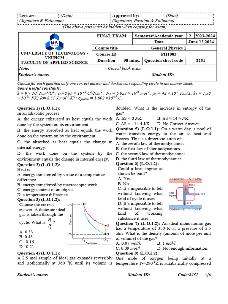 General Physics 1 Final Exam Questions | PDF | Gases | Heat
