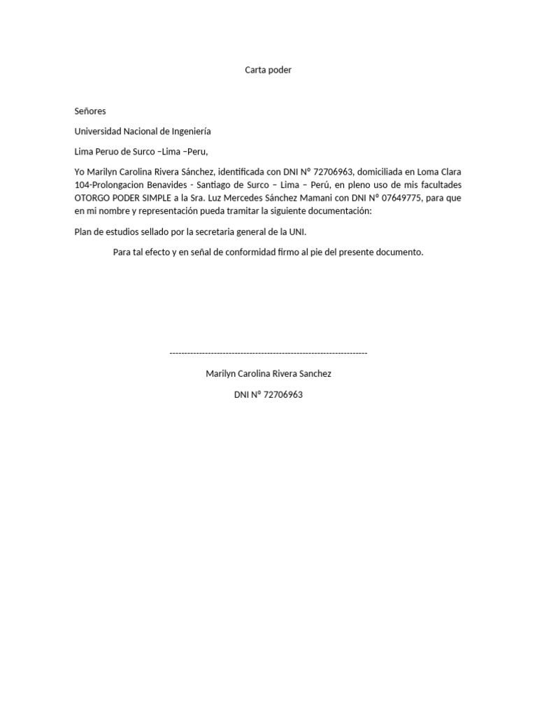 Carta Poder para Trámite en UNI | PDF