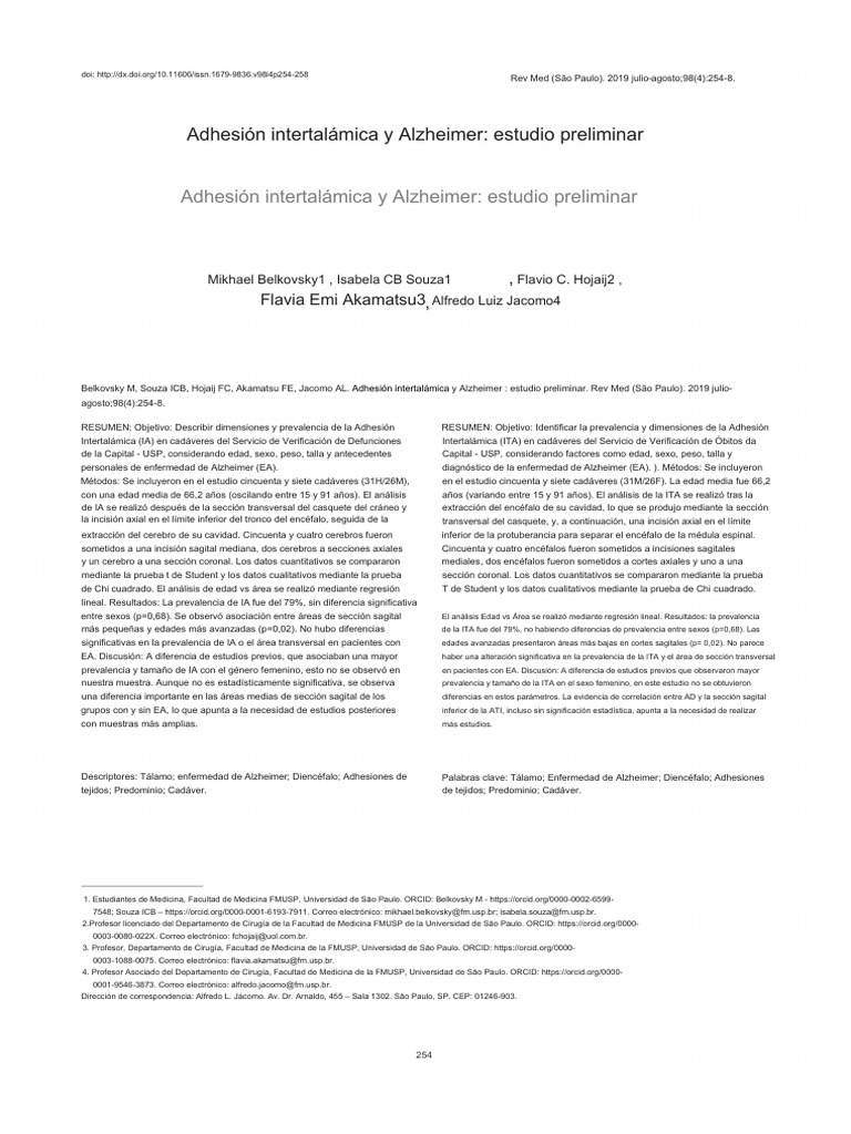 Adhesión intertalámica y Alzheimer | PDF | Cerebro | Medicina