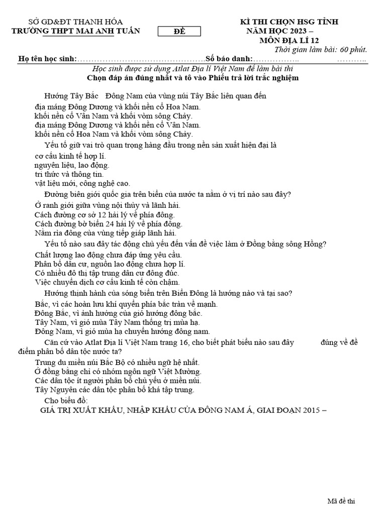 De Hoc Sinh Gioi Dia Li 12 Nam 2023 2024 Truong Thpt Mai Anh Tuan Thanh Hoa | PDF
