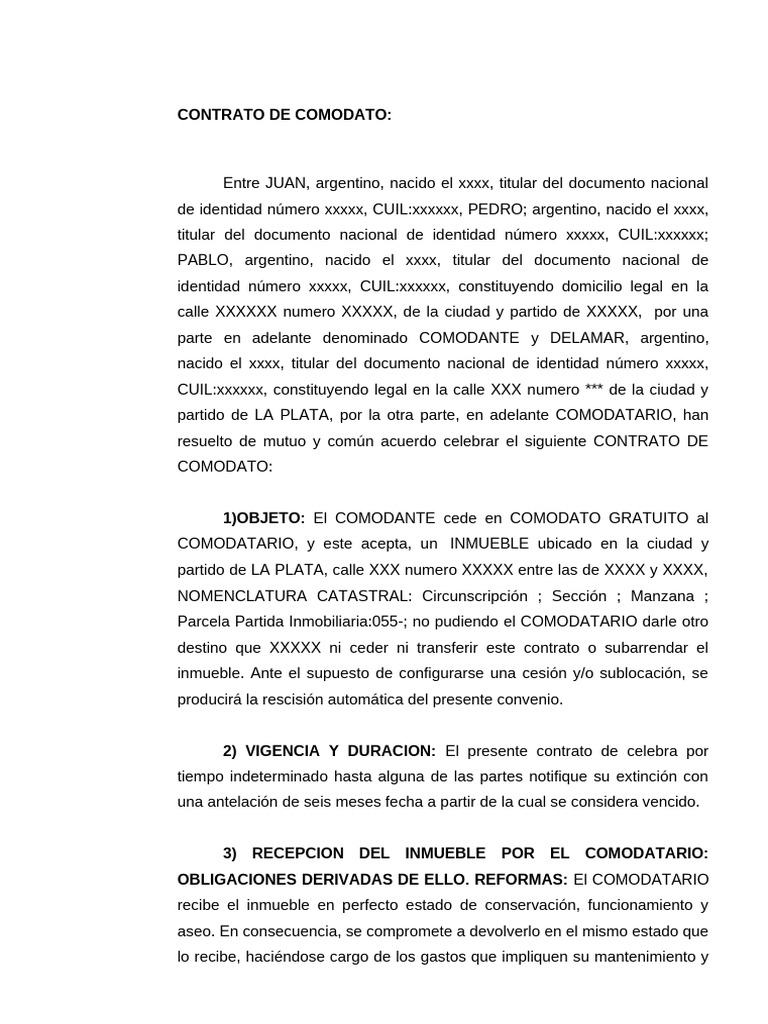 Modelo Contrato de Comodato | PDF | Propiedad