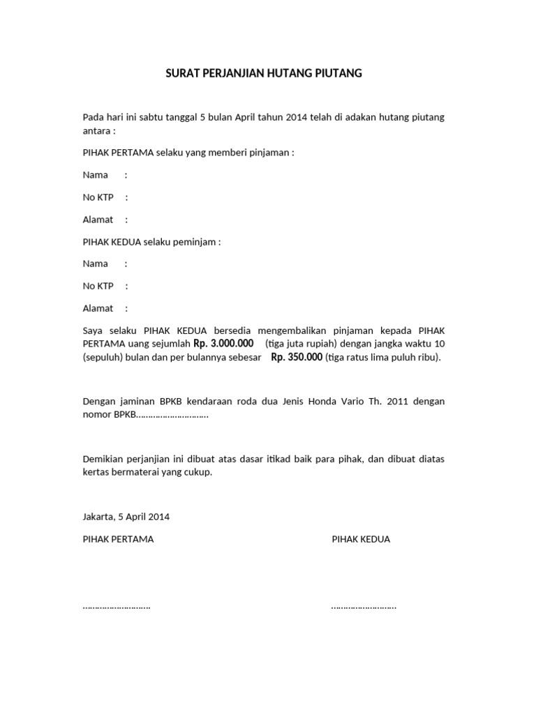 Surat Perjanjian Hutang Piutang | PDF