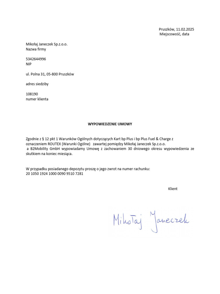 Wzór Wypowiedzenia Umowy | PDF