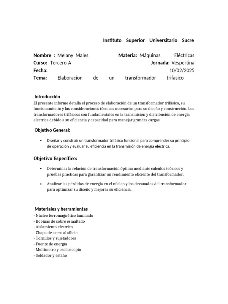 Informe_Transformador_Trifasico | PDF | Transformador | Inductor Informe_Transformador_Trifasico | PDF | Transformador | Inductor