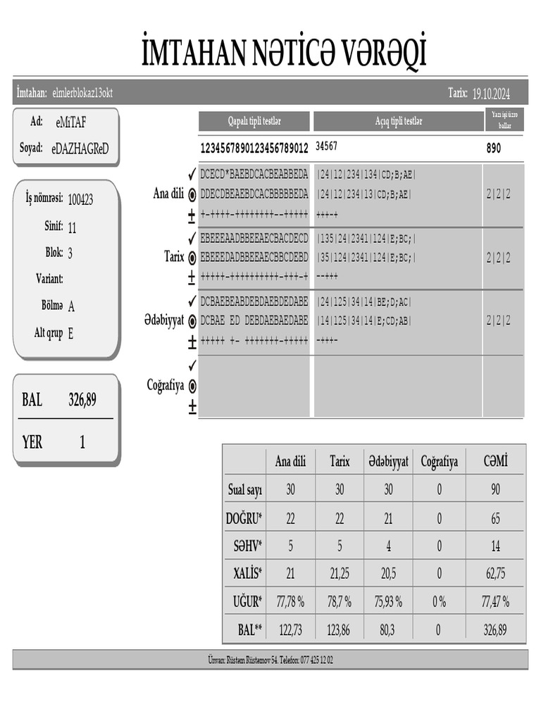 İmtahan Nəticə Vərəqi: Emitaf Edazhagred 100423 11 3 A E | PDF